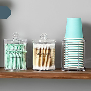 AOZITA 4 Pcs, 10 OZ Qtip Holder Dispenser for Cotton Ball, Cotton Swab, Cotton Round Pads, Floss - Clear Plastic Apothecary Jar Set for Bathroom Canister Storage Organization, Vanity Makeup Organizer