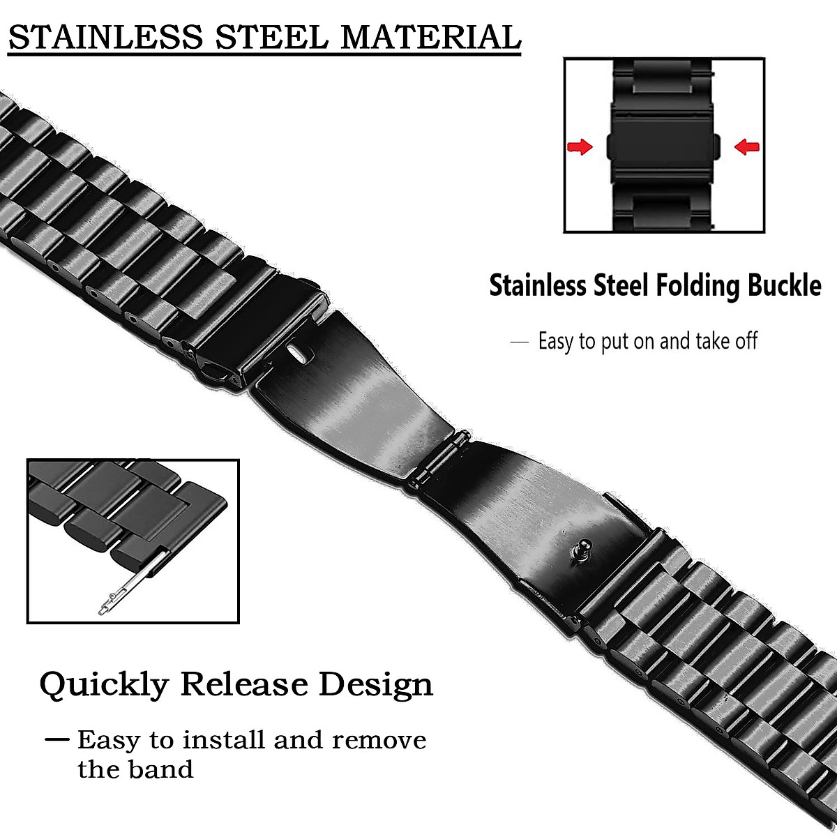 Moran Stainless Steel Watch Band Quick Release Replacement Metal Strap 20mm 22mm for Men Women (Black+Folding Clasp, 20mm)