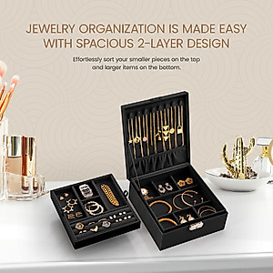 Prestige & Fancy 2 Layer Woman Jewelry Box, Jewelry Organizer For Woman, Men & Girls Large Case 8.5x7.5x3.3in | PU Leather Black Jewelry Gift Storage Boxes For Ring, Necklace & Bracelet With Lock