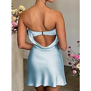 LYANER Women's Satin Silk Hollow Out Back Strapless Tube Bodycon Club Mini Dress Blue# Medium