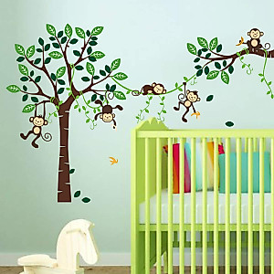 decalmile Monkey Climbing Tree Wall Decals Jungle Animal Kids Wall Stickers Baby Nursery Children Bedroom Playroom Wall Decor