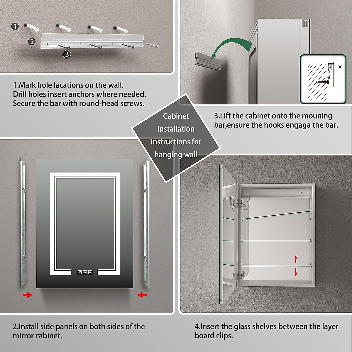 Benime 24x32 Inch, LED Lighted Bathroom Medicine Cabinet with Mirror, Surface or Recessed Medicine Cabinet with Lights, Defogger, Stepless Dimming&Color Temps, 2 Outlets&USBs, 3 Storage Shelves