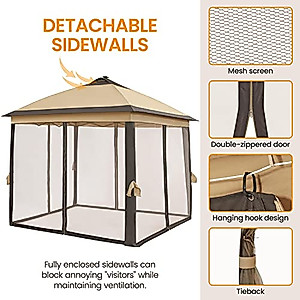 Yaheetech 11'x11' Pop Up Gazebo Instant Tent with Solar LED Lights & Zippered Mesh Netting, Outdoor Shelter Sun Shade Gazebo for Backyard Garden Patio, Khaki & Brown