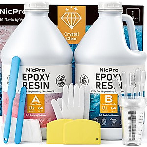 Nicpro 1 Gallon Crystal Clear Epoxy Resin Kit, High Gloss & Bubbles Free Art Resin Supplies for Coating and Casting, Craft DIY, Wood, Table Top, Bar Top, Molds, River Tables with Cups, Sticks, Gloves