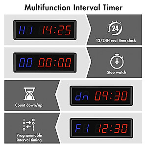 Seesii Gym Timer,LED Workout Colck Count Down/Up Clock,11.5" x 4" Ultra-Clear Digital Display, Power Bank Compatible with Workout Metal Stopwatch, Multi-Scenes with Remote (1.5 Inch Blue Red)