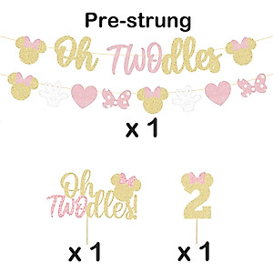 Oh Twodles Pink Mouse Twodles Birthday Party Supplies Decorations Mouse Banner Cake Topper 2nd Banner Balloon Pink Mouse Backdrop Cupcake Topper for Girls Baby Bday