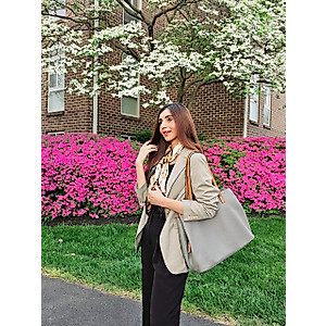 S-ZONE Leather Tote Bag for Women with Zipper Soft Genuine Leather Handbags Shoulder Bags Big Large Capacity Grey