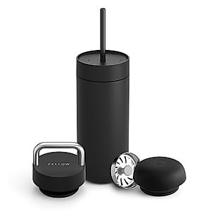Fellow 16 oz Carter Bundle (3 in 1) Travel Mug with Carry Handle, Move & Cold Lids with Straw - To-Go Coffee Tumbler, Ceramic Interior & Vacuum-Insulated Stainless Steel - Coffee Cups-Matte Black