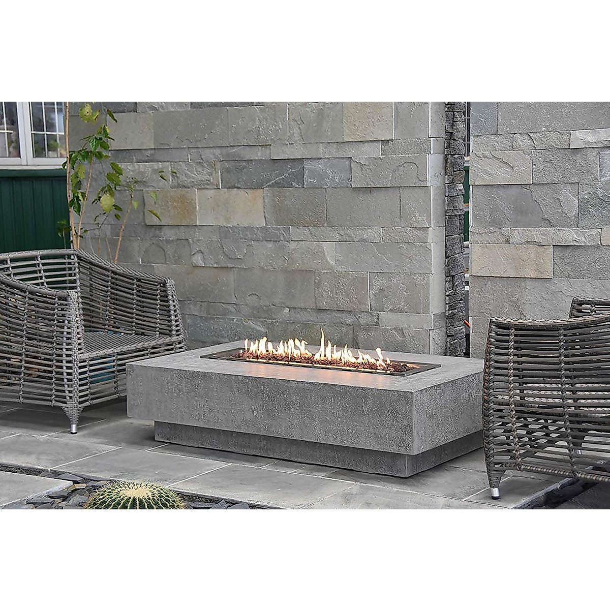 AMS Fireplace | Elementi | Large Rectangular Natural Gas Fire Pit Table | Free Bio-Ethanol Tabletop Lantern | With Canvas Cover, Lava Rocks, and Gas Key Valve | Fuel: Natural Gas, Hampton - Light Grey