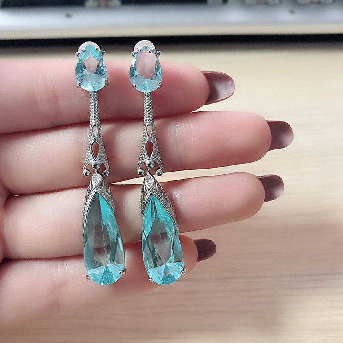 Silver Tone Antique Vintage Retro Art Deco Nouveau Style Gatsby Flapper Aquamarine Light Blue Topaz Rhinestone Pear Wedding Bridesmaid Earrings