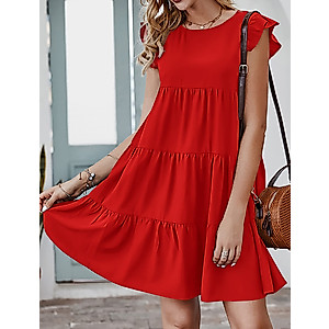 KIRUNDO Valentines Dress for Women Summer Sleeveless Ruffle Sleeve Round Neck Loose Short Flowy Pleated Mini Babydoll Sundresses, Red, Medium
