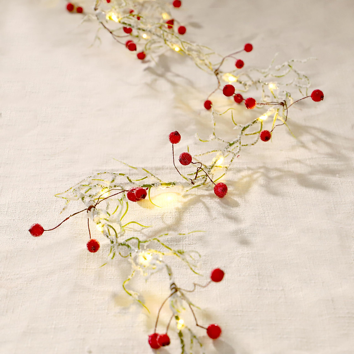 MIYA LIFE Snow Garland with Red Berry White Christmas Garland with Lights Battery Operated - Christmas Garland for Mantle Twig Garland for Christmas Tree Decorations