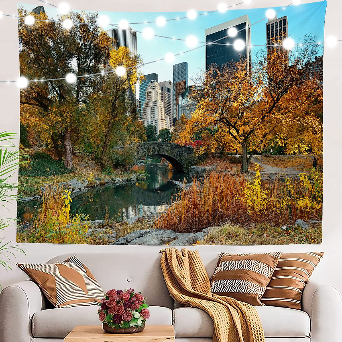 BaoNews Autumn New York City Tapestry, Central Park in New York City Large Wall Hanging Tablecloths Mural Home Decoration Psychedelic Tapestry Bedroom Living Room Dorm 51.2 x 59.1 inches(Garden)