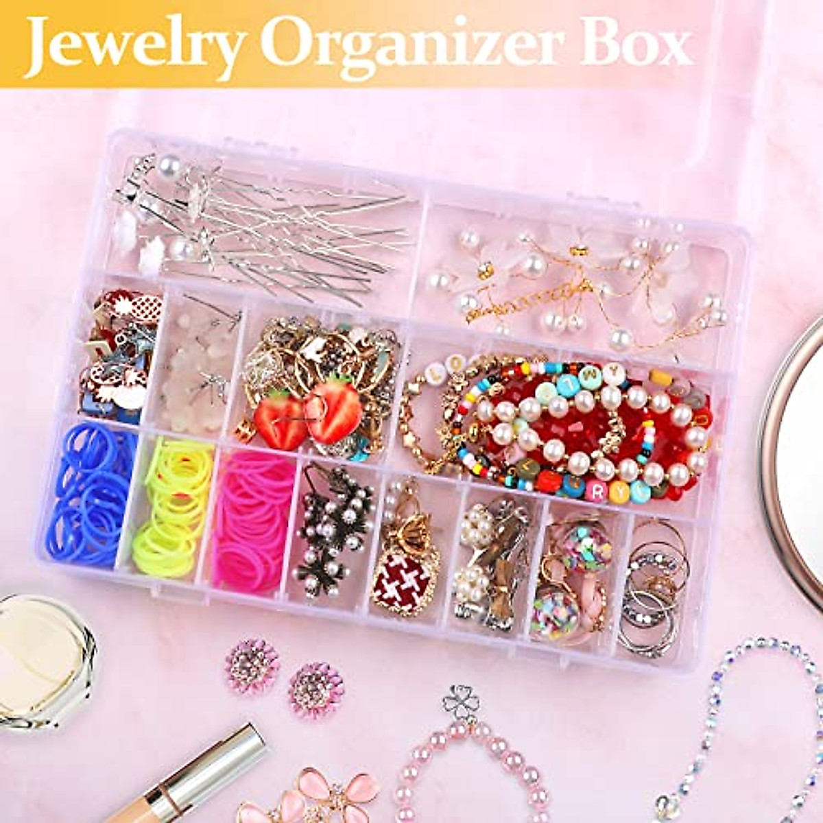 2 Pack 36 Grids Clear Plastic Organizer Box, Storage Container with Adjustable Divider, Craft Organizers and Storage Bead Storage Organizer Box for DIY Jewelry Tackles with 2 Sheets Label Stickers