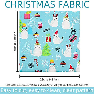 20 Pieces 10 x 10 Inch Christmas Fabric Multi-Color Fabric Patchwork Bundles Sewing Square Mixed Fabric Christmas Printing Quilting Fabric Santa Snowman Printed Fabric Scrap for DIY