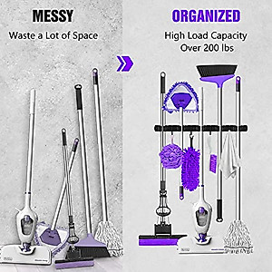 NisuAM Broom and Mop Holder Wall Mount with 5 Slots 4 Hooks, Broom Hanger Self Adhesive, Black Matte Garage Rack & Tool Organizer, Home Storage Shelving for Closet Door,Cabinet,Lanudry