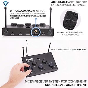 Wireless Karaoke Microphone Mixer System - 8-Channel Optical/Coaxial Input Mixer w/Digital UHF Wireless Mics, 3.5mm Input/Output, Works w/Home Theater, Receiver, Amplifier, Speaker - Pyle PDWMKHRD23