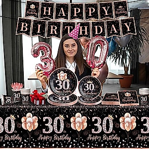 142Pcs 30th Birthday Tableware Decorations for Women Rose Gold Happy 30 Birthday Party Supplies for Her Disposable Tablecloth,Plates,Napkins,Cups,Forks and Knives for Girls 30th Birthday Party