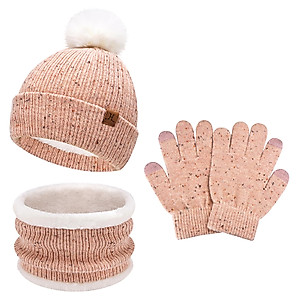 Toddler Kids Winter Hats Touchscreen Gloves Scarfs Set Pompom Beanie Caps Neck Warmer with Fleece for 5-8 Years Old Baby Girls Boys Gifts