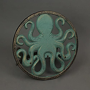 Zeckos Cast Iron 12 inch Octopus Decorative Wall Mounted Hanging Garden Hose Holder Verdigris Green Finish - 125 ft Hose