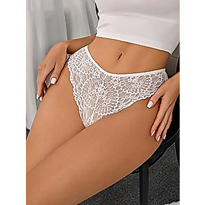 SweatyRocks Women's Lingerie Floral Lace Sheer Mesh Cut Out Thong Panties Underwear Plain White L