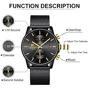GOLDEN HOUR Men’s Watch Fashion Sport Quartz Analog Mesh Stainless Steel Waterproof Chronograph Watches, Auto Date in Gold Hands, Color: Black
