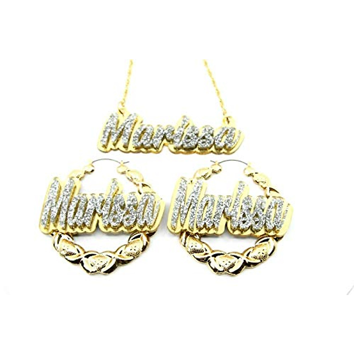 Name Necklace Plate Personalized Custom Nameplate and 2.5" XOXO Gold Earrings Made To Order Any Name Jewelry Set Laser Cut Diamond Look Glitter Script Cursive Letters, Quality Gold Chain, Stunning