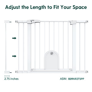 Babelio Auto Close Baby Gate with Small Cat Door, Metal Cat Gate for Doorway, Stairs, House, Easy Walk Thru Dog Gate with pet Door, includes 4 Wall Cups and 4 Extension Pieces, White