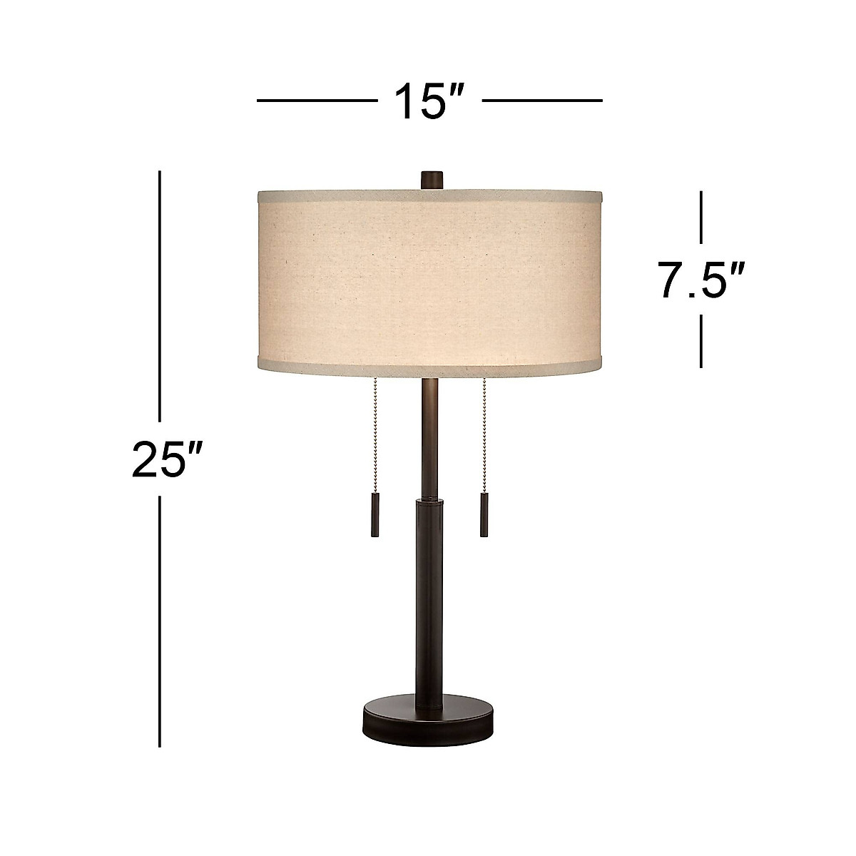 Franklin Iron Works Bernie Industrial Nightstand Table Lamp 25" High Set of 2 with Hotel Style USB Charging Port Rich Bronze Metal Fabric Drum Shade for Living Room Desk Bedroom House Bedside Home