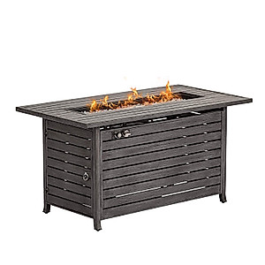 COSIEST Outdoor Fire Table, 46-inch x 25-inch Rectangle Hand Painted Faux Grey Birch Fire Table, 40,000 BTU Auto-Ignition Fire Bowl w Metal Lid, Rain Cover