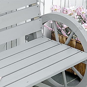 Outsunny Wooden Wagon Wheel Bench, Rustic Outdoor Patio Furniture, 2-Person Seat Bench with Backrest, Light Grey