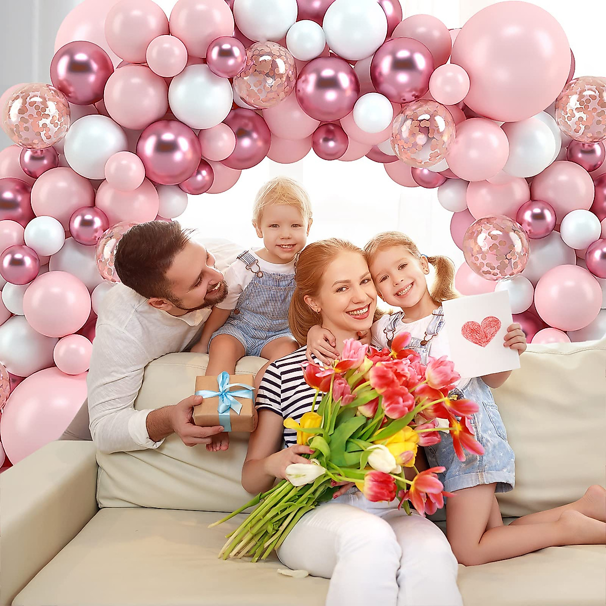 Pink and White Balloon Garland Kit, JOGAMS 5/12/18 Pink Balloon Arch Kit with White Rose Gold Confetti Mauve Balloons for Woman Girl Birthday/Girl Baby Shower/Mother's Day/Engagement Party Decorations