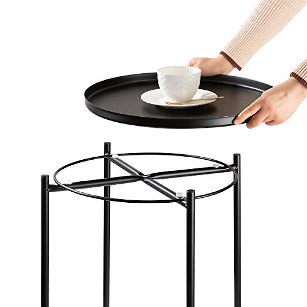 danpinera Metal Side Table, Black Side Table for Small Spaces Outdoor Patio Side Table Circle Metal Bedside Table Waterproof Removable Tray Round Accent Table for Nursery Bedroom Balcony Office Black