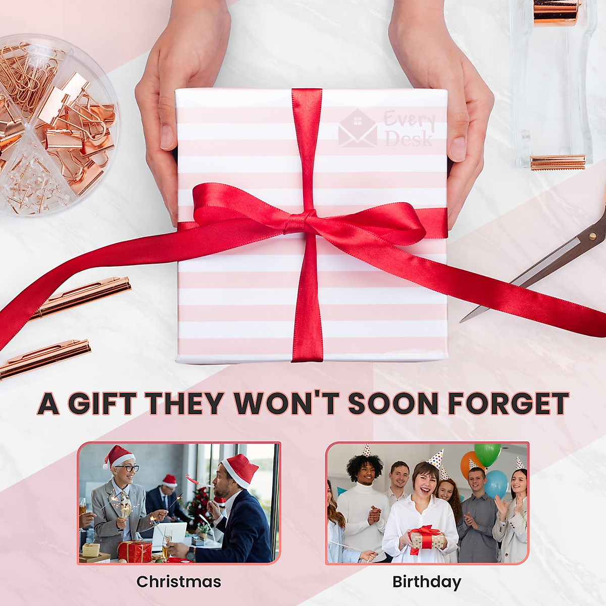 Every Desk Rose Gold Office Supplies for Desk - Rose Gold Desk Accessories Set with Cute Stapler, Tape Holder, Staple Remover, 2 Pens, Scissors, and More - Stylish Office Supplies Kit