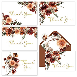 Whaline 32 Packs Fall Floral Gold Foil Thank You Cards Watercolor Flower Greeting Cards Autumn Blank Note Cards with Envelopes and Stickers for Thanksgiving Wedding Birthday Party, 4 x 6 Inch