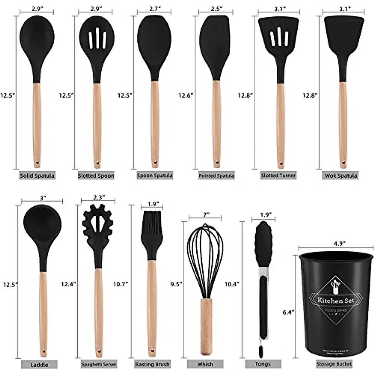 Kitchenware Set wood and silicone 12-piece non-stick frying cooking baking utensils (BPA Free) (Black)