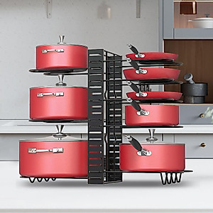 Podxco Pan Organizer Rack for Cabinet Pot Rack with 3 Diy Methods Adjustable Pot and Pan Organizer with 8 Tiers Pot Lid Organizer Holder Metal Heavy Duty Pot Organizer for Kitchen Counter and Cabinet