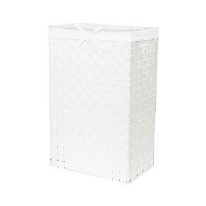 Compactor Rectangle Laundry Basket with Lid, Woven Washing Hamper for Storing Clothes and Linen in Bedrooms and Bathrooms, Removable Liner and Carry Handles, White, Stan Range