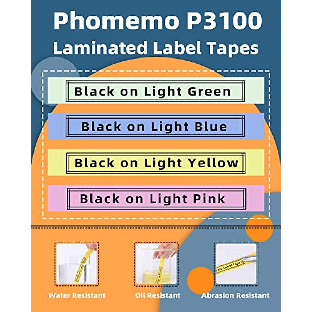 Phomemo P3100 12mm Black on Pink/Yellow/Blue/Green Semi-Transparent Laminated Label Tape- Phomemo Compatible Label Tape Replacement for Brother Ptouch Label Maker Tape 12mm (1/2 Inch) x 8m