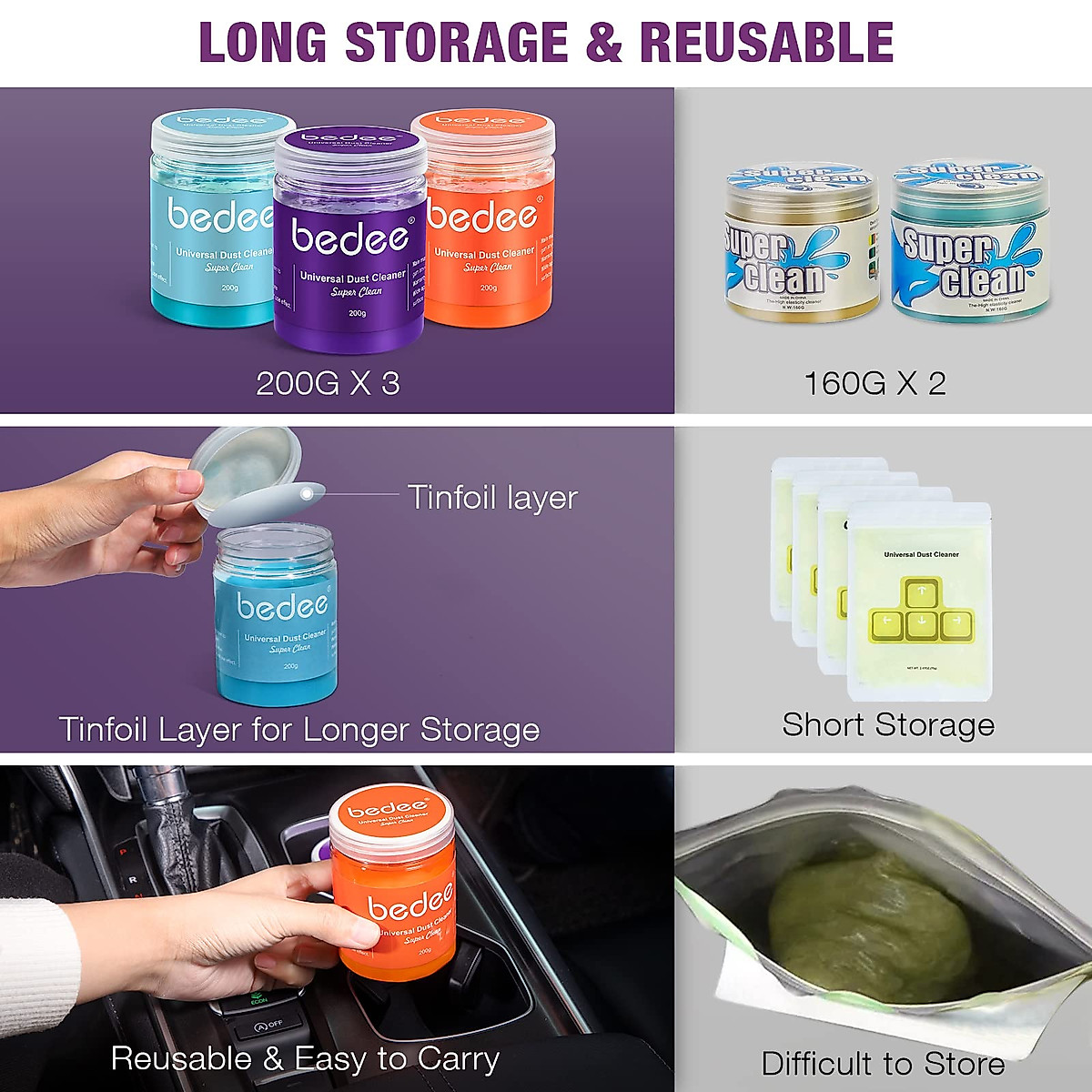 bedee Car Cleaning Gel Cleaning Putty: 2023 Upgraded Keyboard Cleaner Gel 3 Pack High Efficient Cleaning Reusable No Sticky Hands Dust Cleaning Gel for Car Interior Air Vent Keyboard Camera Printer