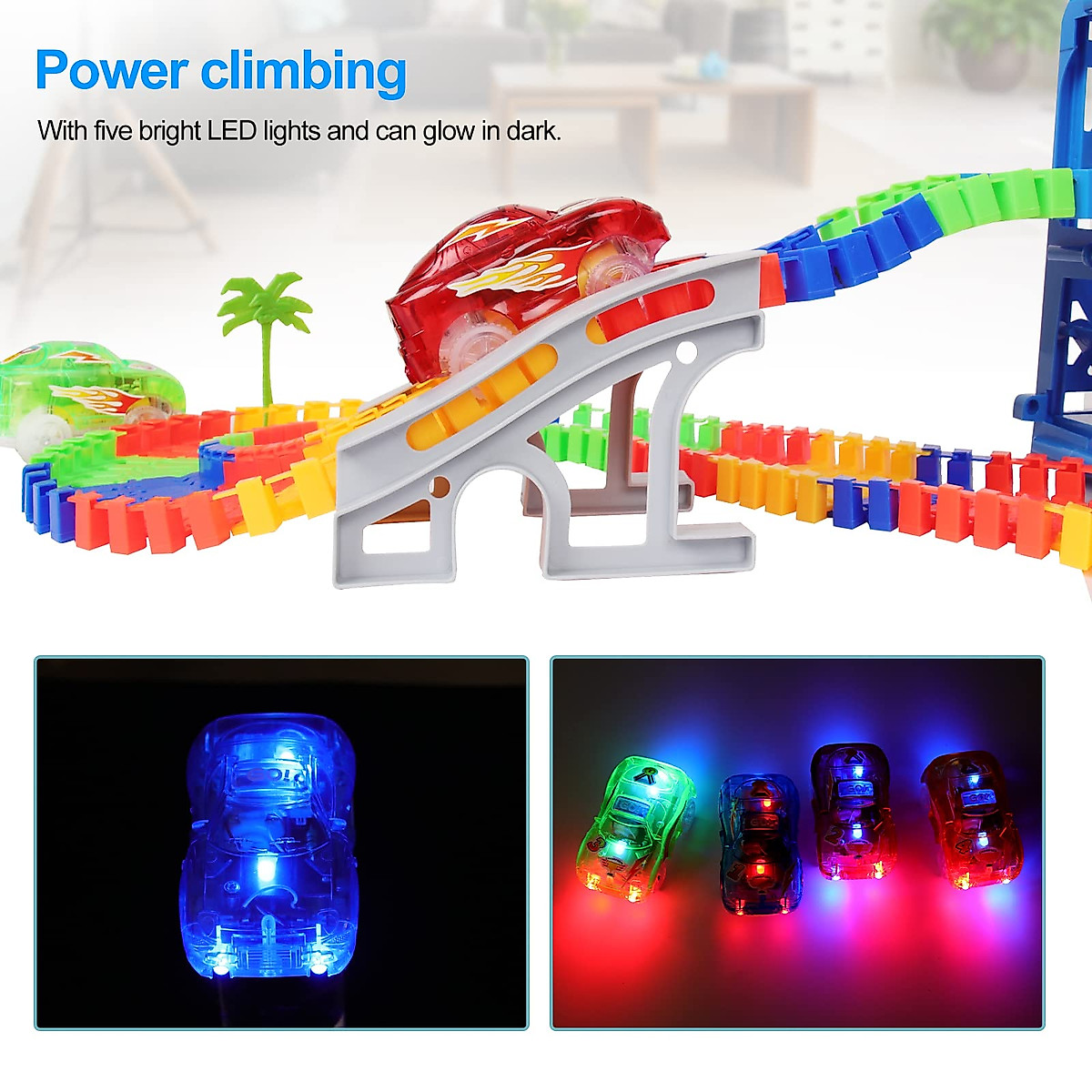 4 Pack Track Cars Magic Toy Car Glow in The Dark Cute Race Cars Replacement Track Accessories Car with 5 Flashing LED Lights Compatible with Most Tracks Set as for Kids Boys and Girls