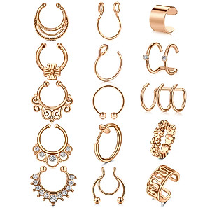 MODRSA Fake Septum Nose Hoop Rings Stainless Steel Faux Lip Ear Cuff Earrings Spring Nose Face Septum Ring Non Piercing Clip On Nose Rings Hoops Silver Rose Gold Black