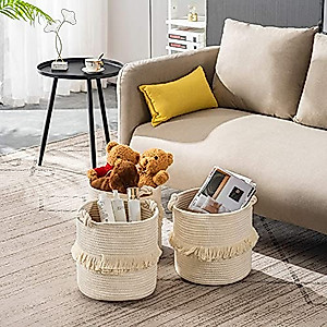 Woven Cotton Rope Farmhouse Storage Basket - 3 Pack 11 Inches Round Cube Decorative Organizer Bins with Cute Handles for Dog Toy, Clothes - Baby Girls Boys Nursery Decor