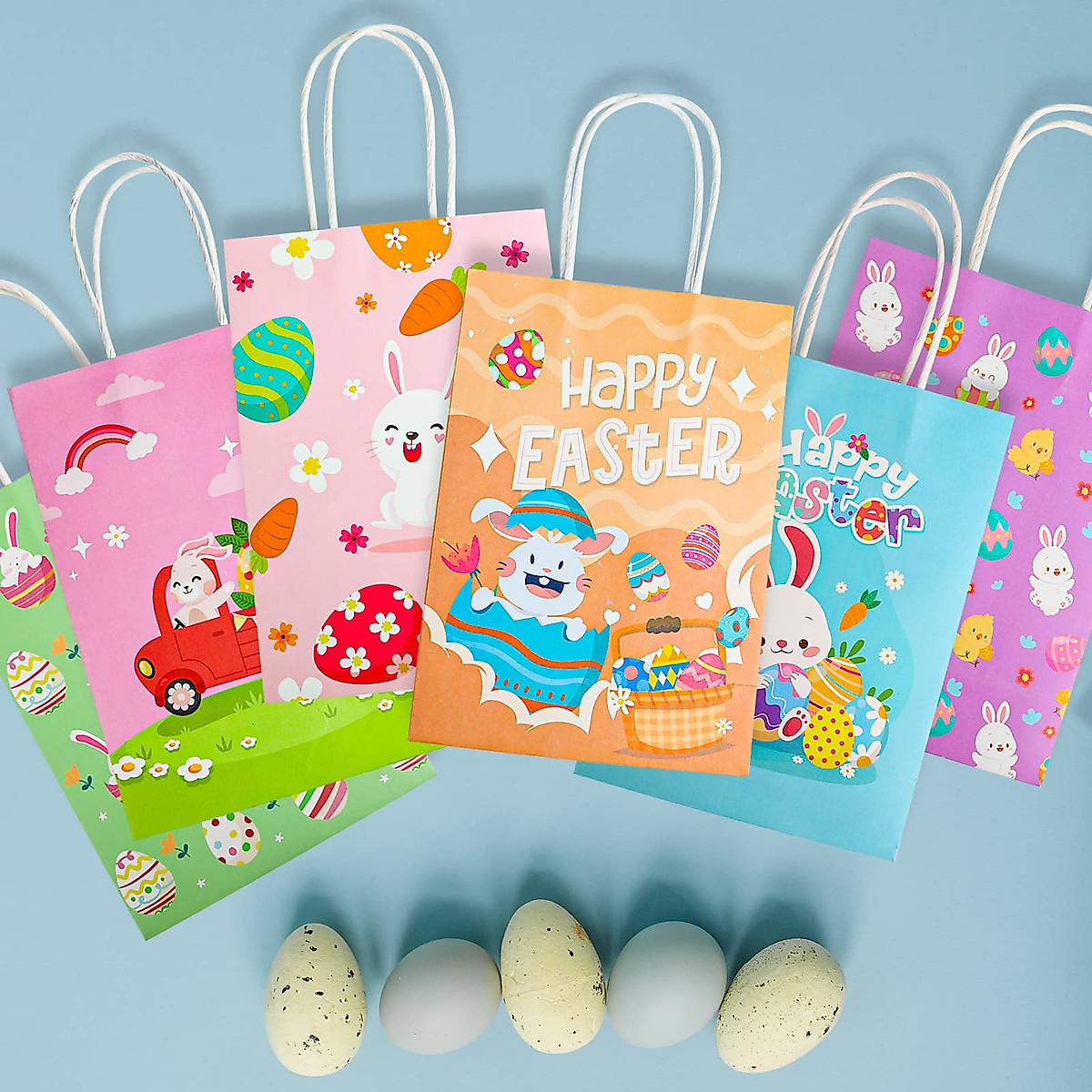 24PCS Easter Treat Bags with Handles, Easter Bags for Treats, Easter Party Favor Bags, Easter Gift Bags, Easter Egg Hunt Bags Decorated with Happy Easter Bunny and Chicks Pattern for Kids Spring Party