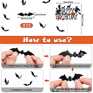 Halloween Happy Birthday Witch Cake Topper with 30 Pieces 3D Bats Cake Decoration Black Glittery Halloween Pumpkin Cake Topper Ghost Cake Picks for Birthday Halloween Party Supplies