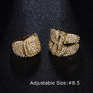 FIBO STEEL Hip Hop 18K Gold Plated Pendant Chain Necklaces and Rings Set for Men Women Rapper Costume Money Dollar Sign Necklace 80s 90s Party Jewelry