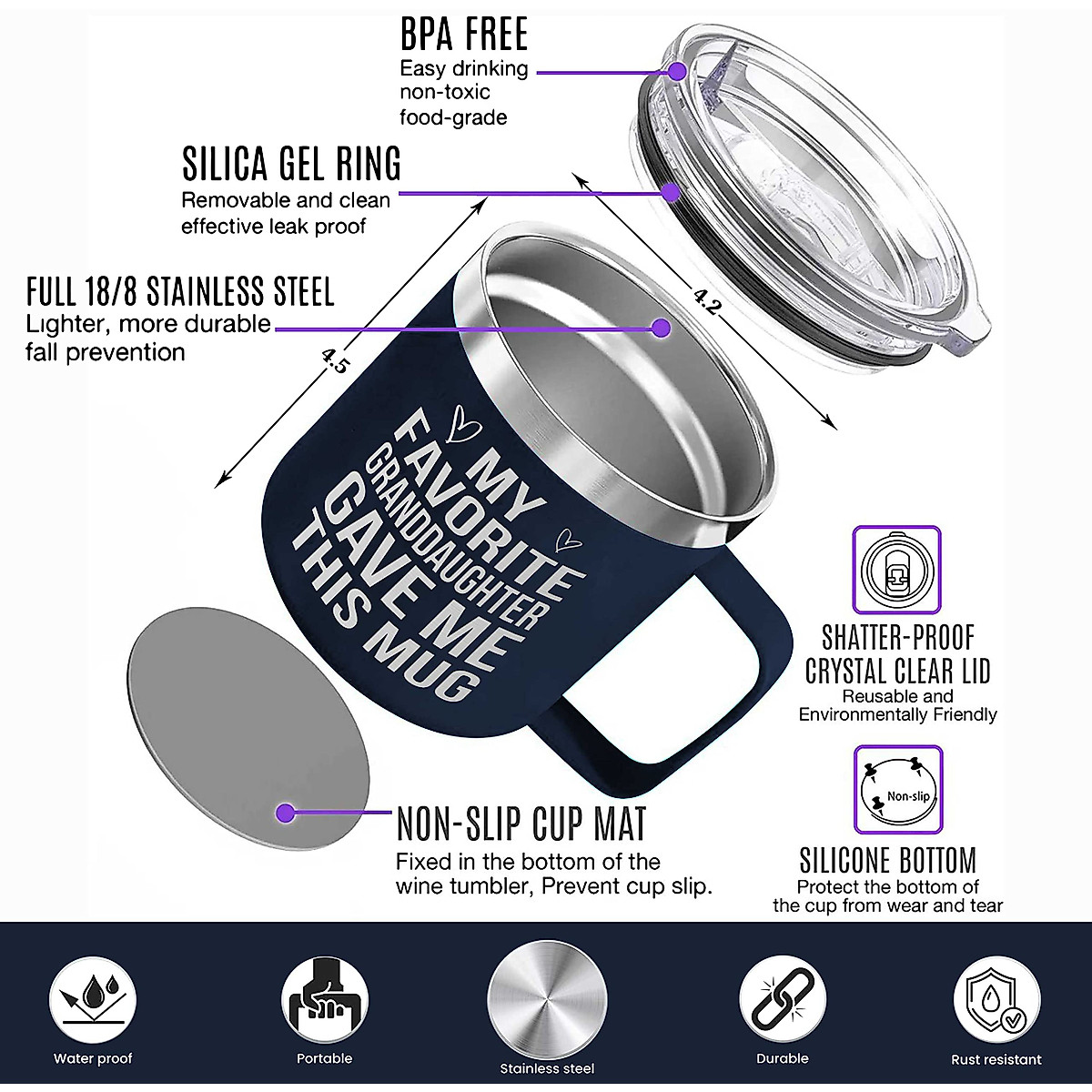 AMAZPRINTS Gifts for Grandpa from Grandaughter, Grandson, Kids on Fathers Day, Christmas, Birthday - Funny Coffee Mug Gifts for Grandparents - Grandparents Insulated Stainless Steel Mug 14oz Navy