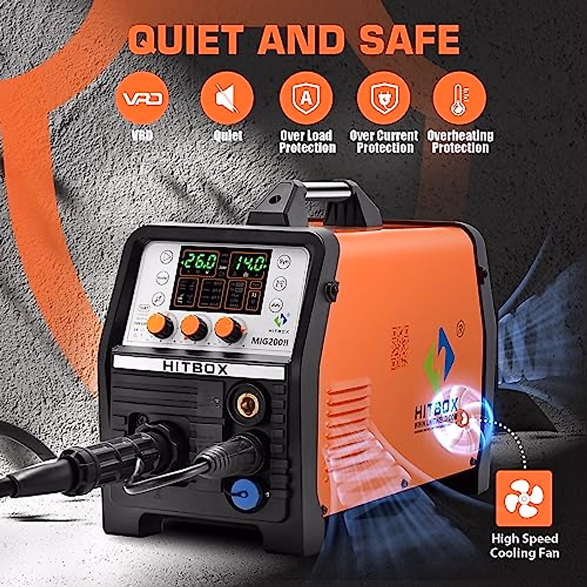 HITBOX 6 in 1 MIG Welder, Ture 200Amp Multi process Aluminum Flux Core Welder 110V 220V Synergic Gas MIG/Gasless MIG/ARC/Lift TIG/Spool Gun/IGBT Quiet Inverter Welder With Digital LCD Display