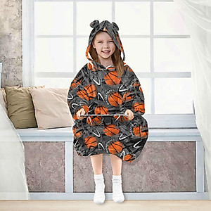 JHKKU Urban Style Basketball Sport Wearable Blankets for Kids, Super Soft Warm Cozy Oversized Blanket Hoodie, Unique Gifts Boys Girls Teens with Giant Pocket