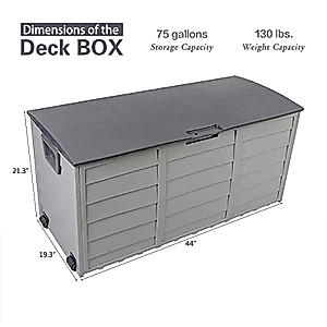 75 Gallon Resin Outdoor Storage Deck Box Waterproof Patio Storage Box Organization with Wheels for Patio Furniture,Outdoor Cushions,Garden and Pool Supplies, Lockable (Grey)
